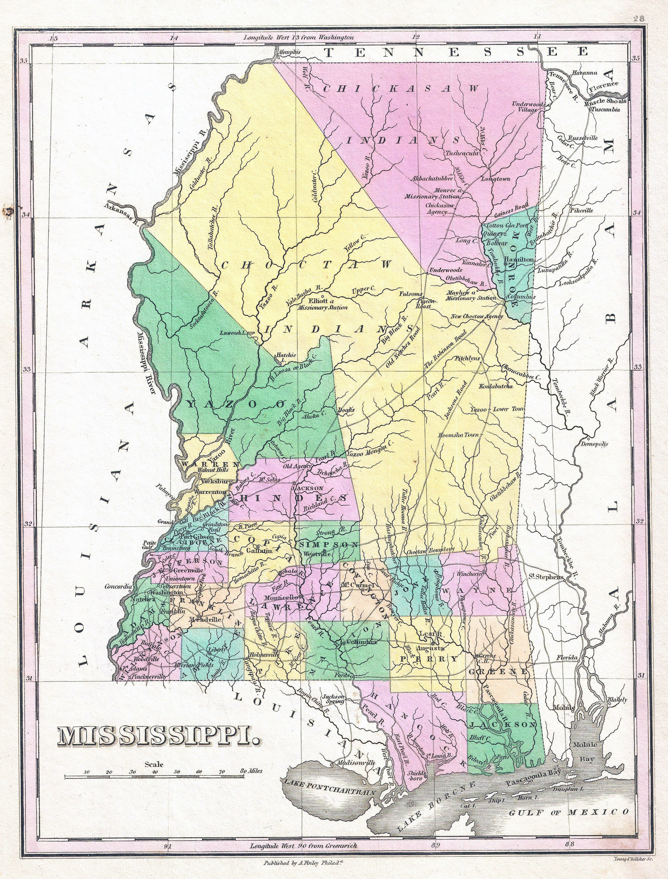Large Detailed Old Administrative Map Of Mississippi State 1827