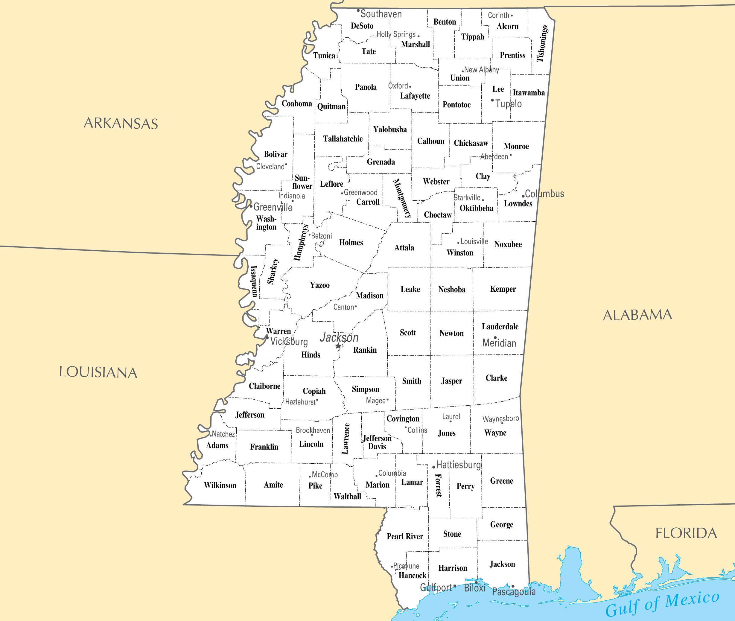 Large Administrative Map Of Mississippi State Mississippi State USA