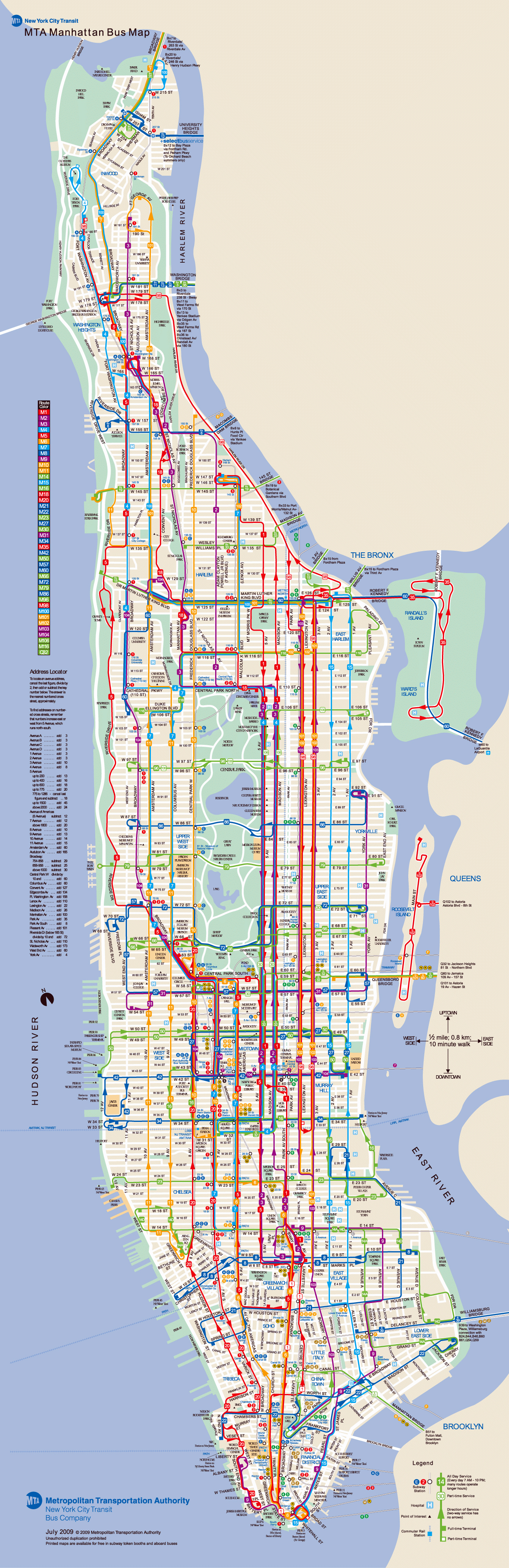 Large detailed bus routes map of Manhattan, NY | New York | New York ...