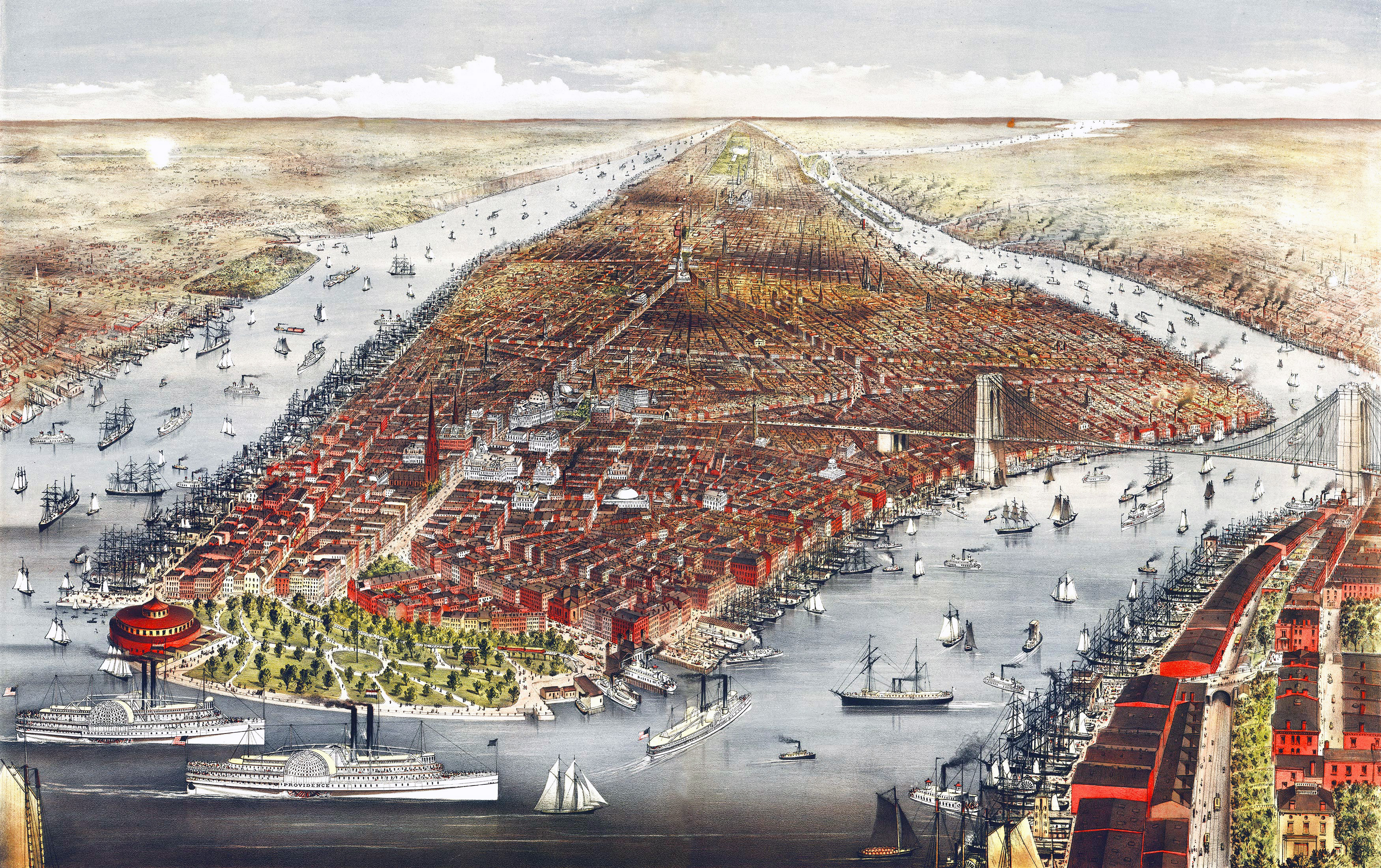 Large detailed old panoramic map of Manhattan, New York city - 1876 ...
